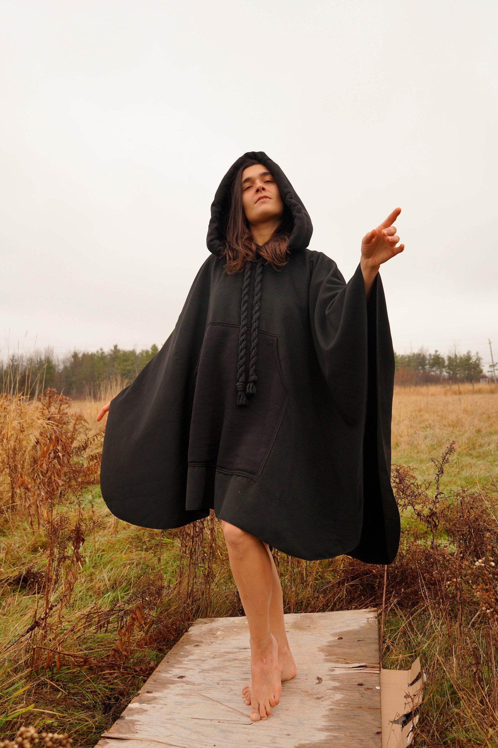 Cotton Hooded Black Cape - large hood and a giant kangaroo pocket ...